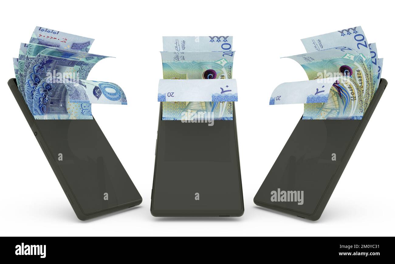 Kuwaiti dinar notes inside a mobile phone. money coming out of mobile ...