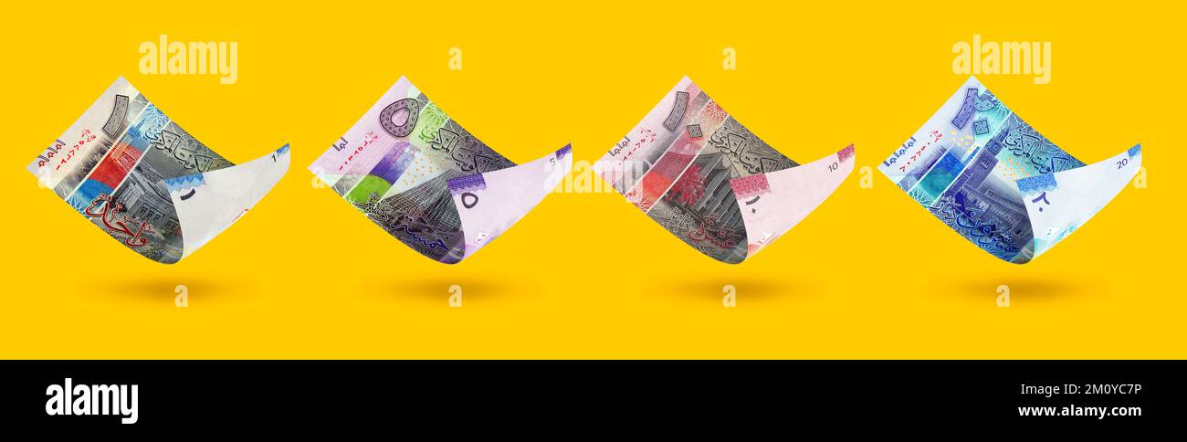 Set of Kuwaiti dinar notes denomination. 3d illustration Stock Photo ...