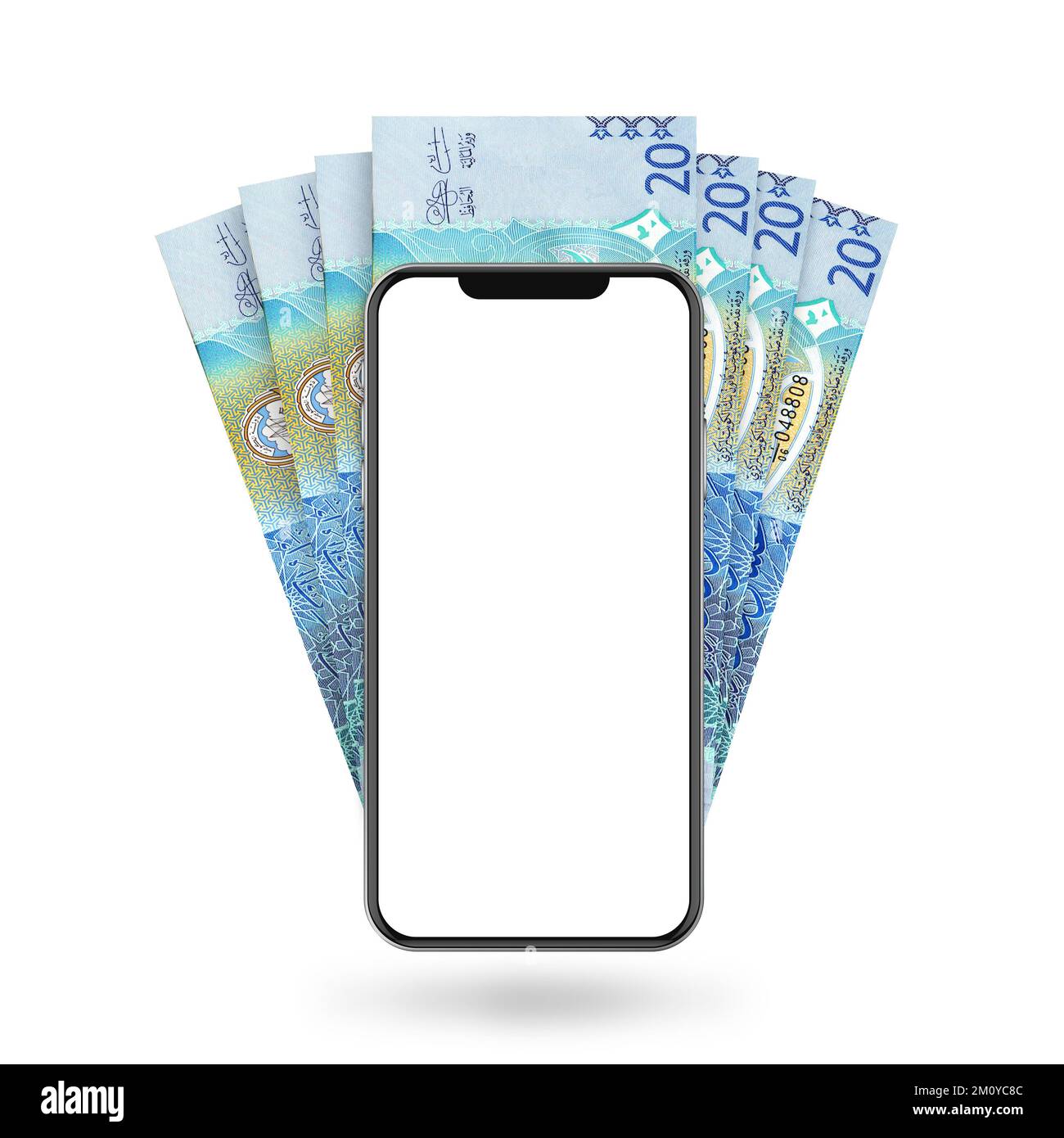 3d Illustration of Kuwaiti dinar notes behind mobile phone Stock Photo ...