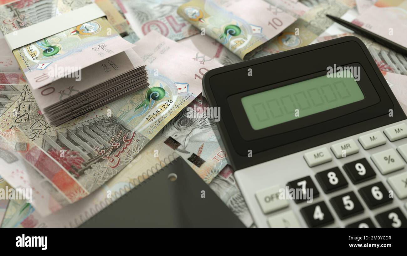 Kuwaiti Dinar Notes Spread Out With A Calculator Pen And Notebook 3d
