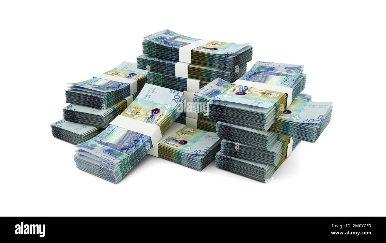 Stack of Kuwaiti dinar notes. 3D rendering of bundles of banknotes ...