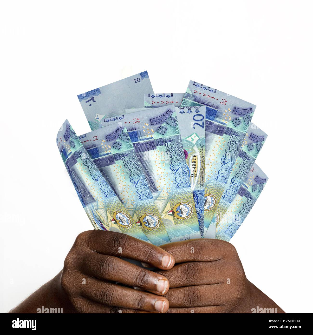 Black hands holding 3D rendered Kuwaiti dinar notes. closeup of Hands ...