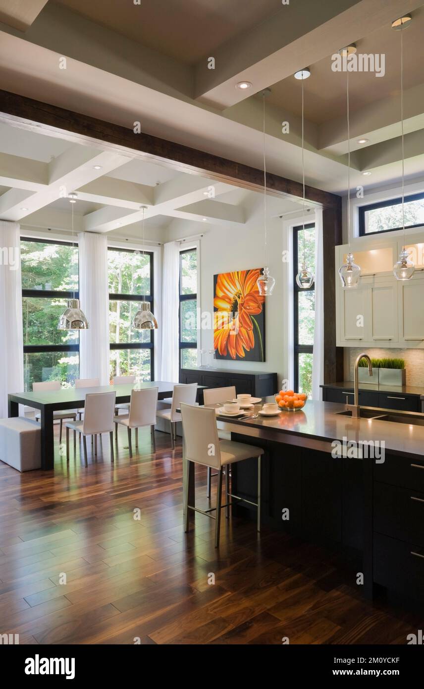 Island and dining table in opulent open concept kitchen dining room ...