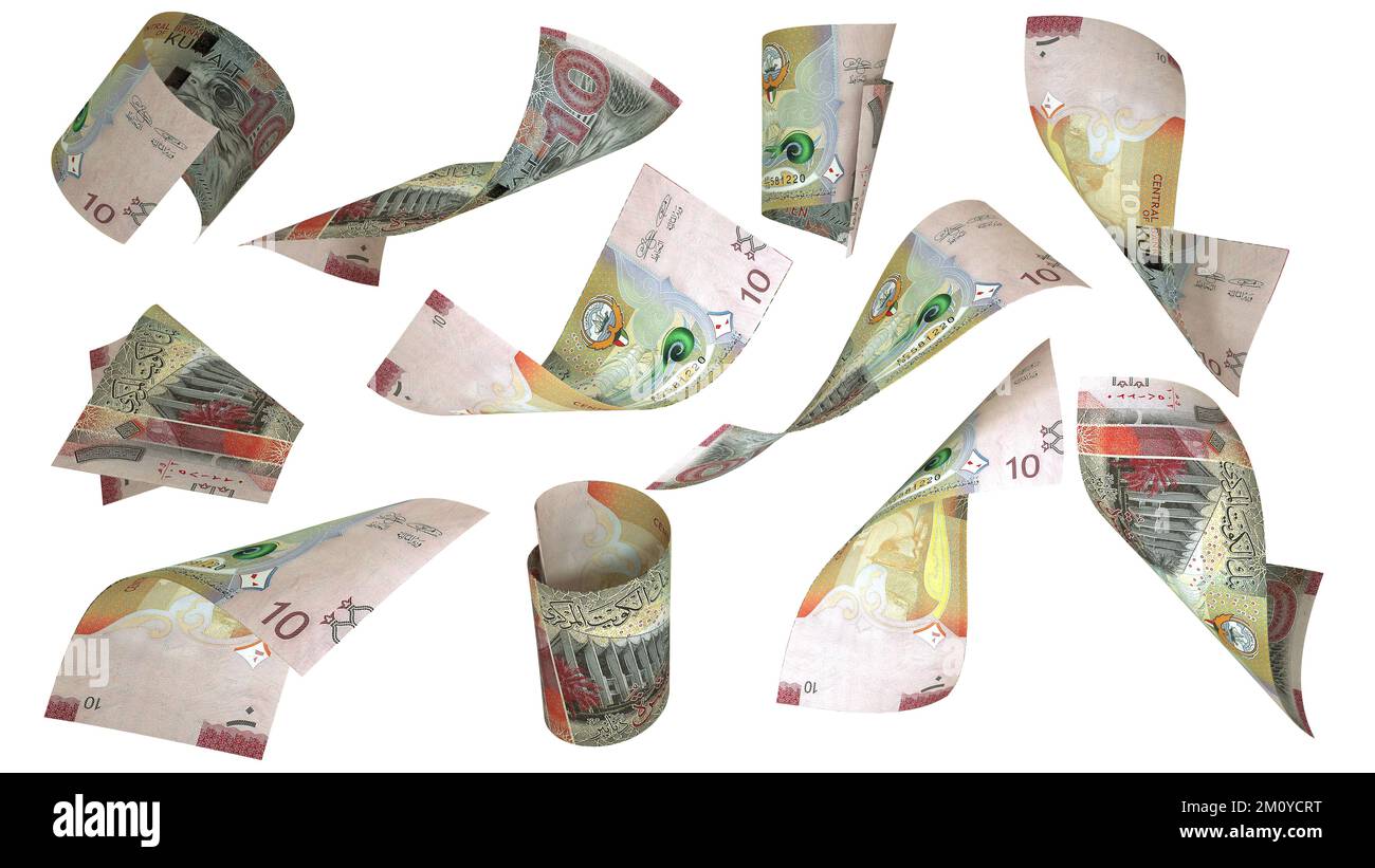 3d Rendering Of 10 Kuwaiti Dinar Notes Flying In Different Angles And Orientations Isolated On