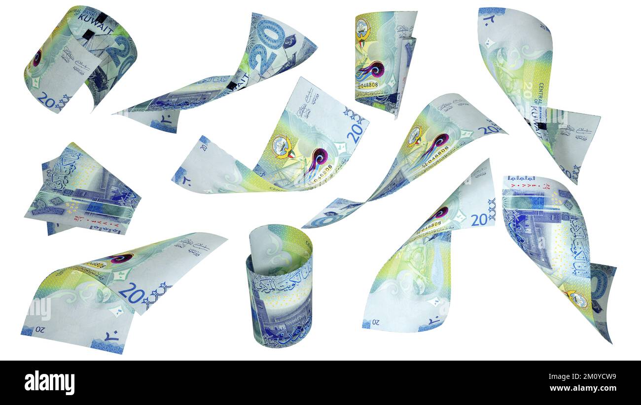 3D rendering of 20 Kuwaiti dinar notes flying in different angles and ...
