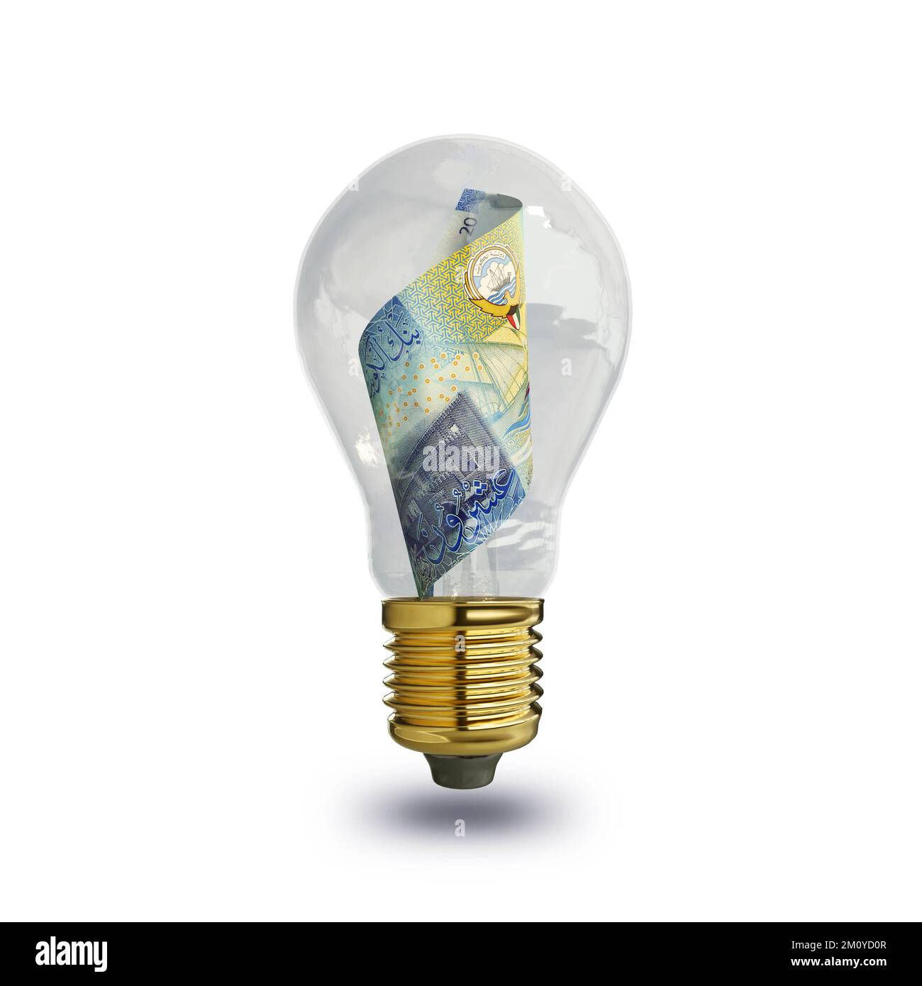 3d rendering of Kuwaiti dinar note inside transparent light bulb ...