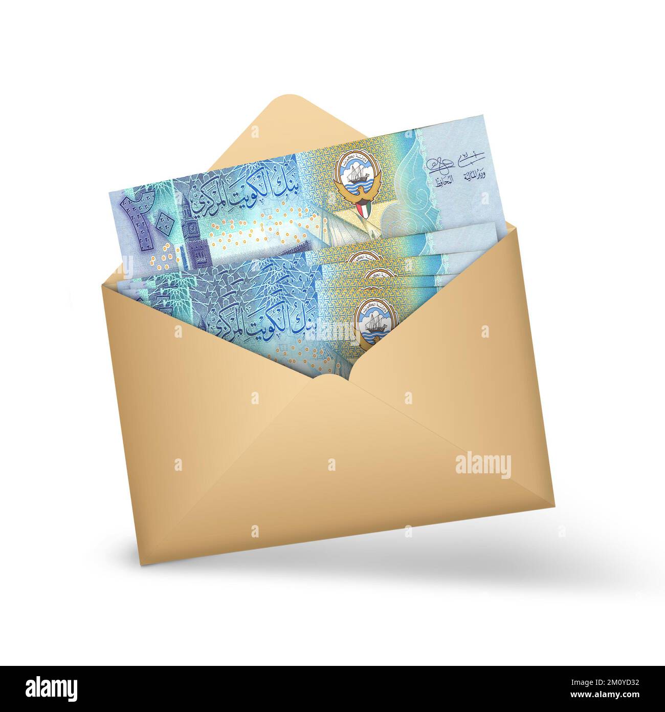 Kuwaiti dinar notes inside an open brown envelope. 3D illustration of ...