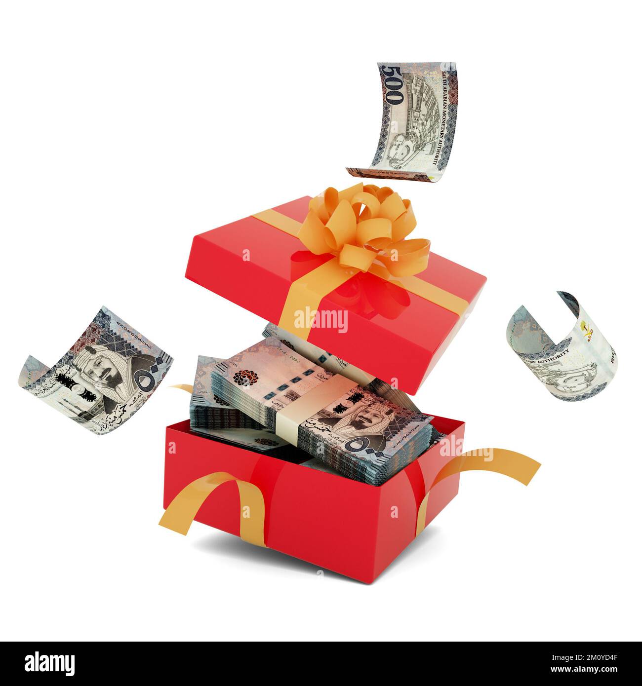 Saudi riyal notes inside an open red gift box. Saudi riyal inside and ...