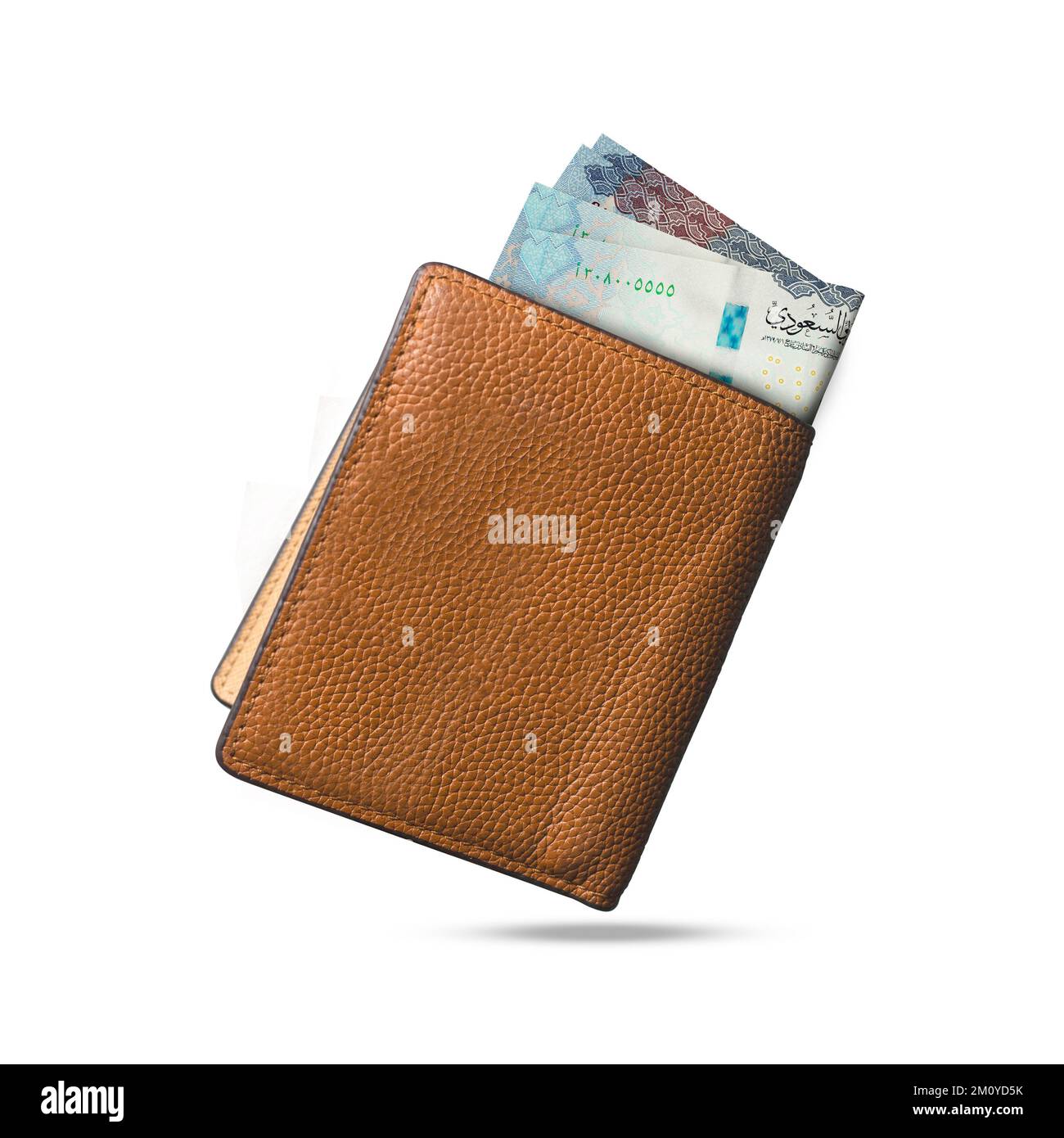 3D rendering of Saudi riyal notes popping out of a brown leather men’s ...