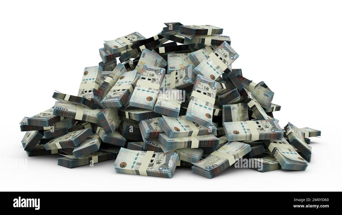 Big pile of Saudi riyal notes a lot of money over white background. 3d ...