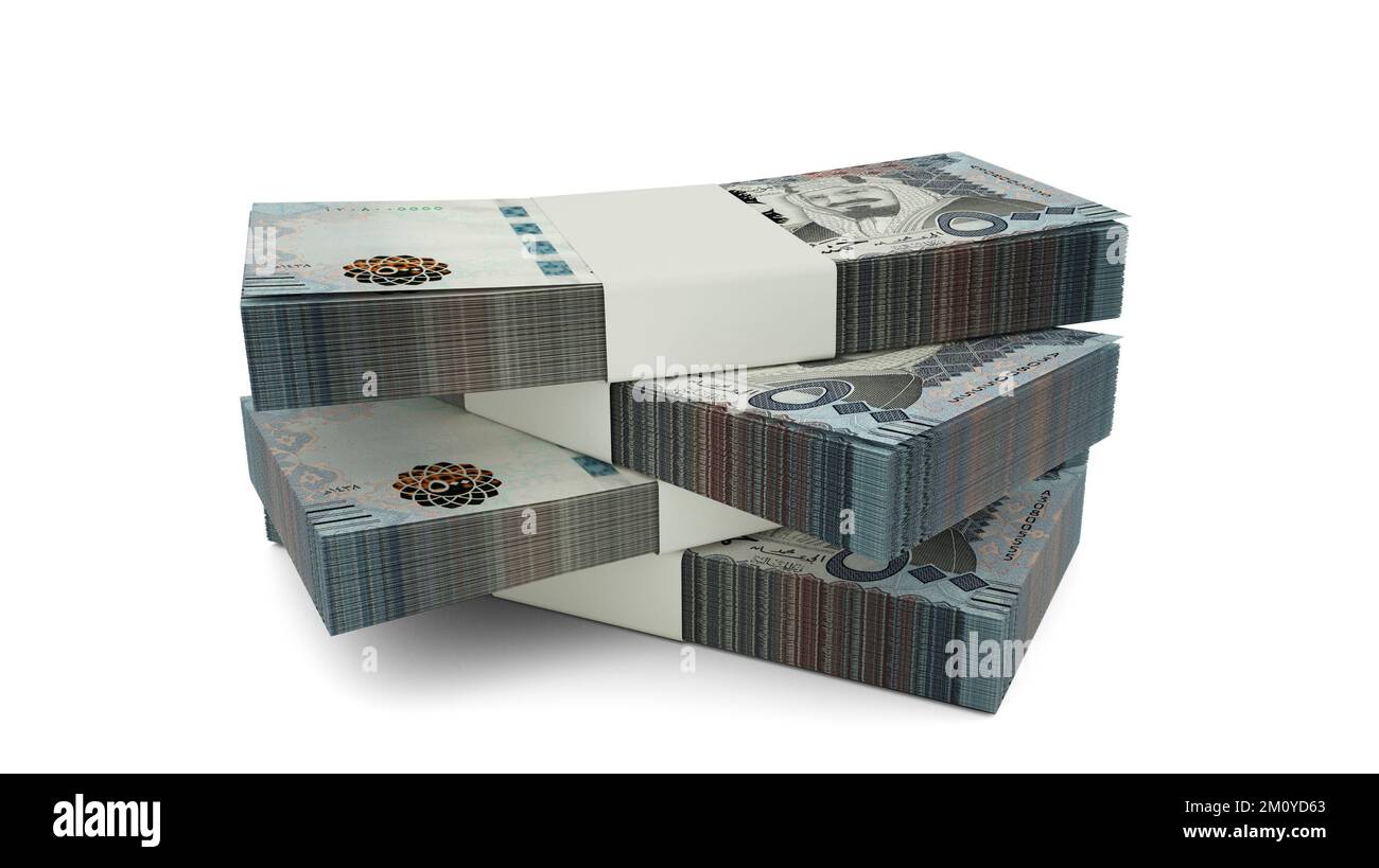 3d rendering of Stack of Saudi riyal notes. Few bundles of Saudi ...