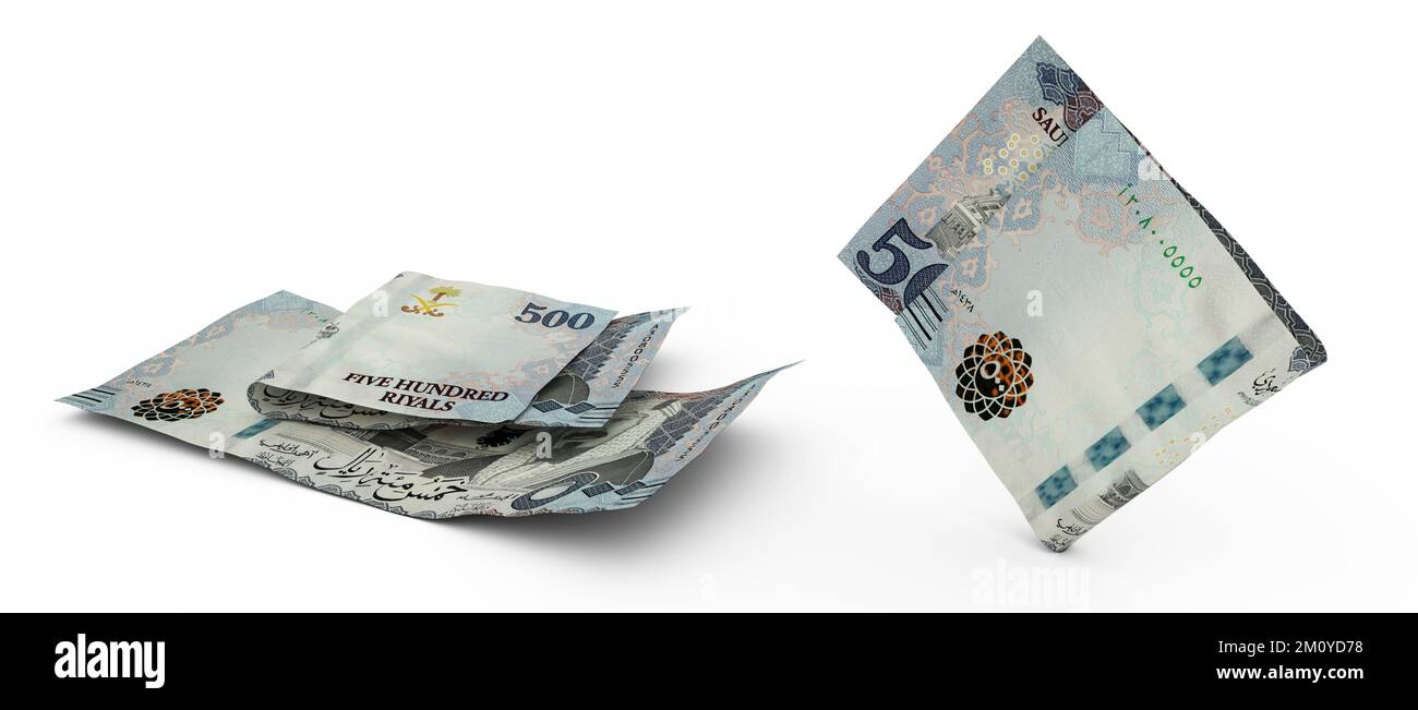 Set of Saudi riyal note isolated on white background. 3d rendering ...