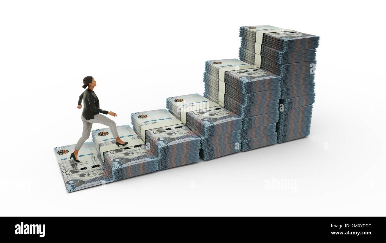 Business woman climbing stairs made of Saudi riyal notes. 3D rendering ...