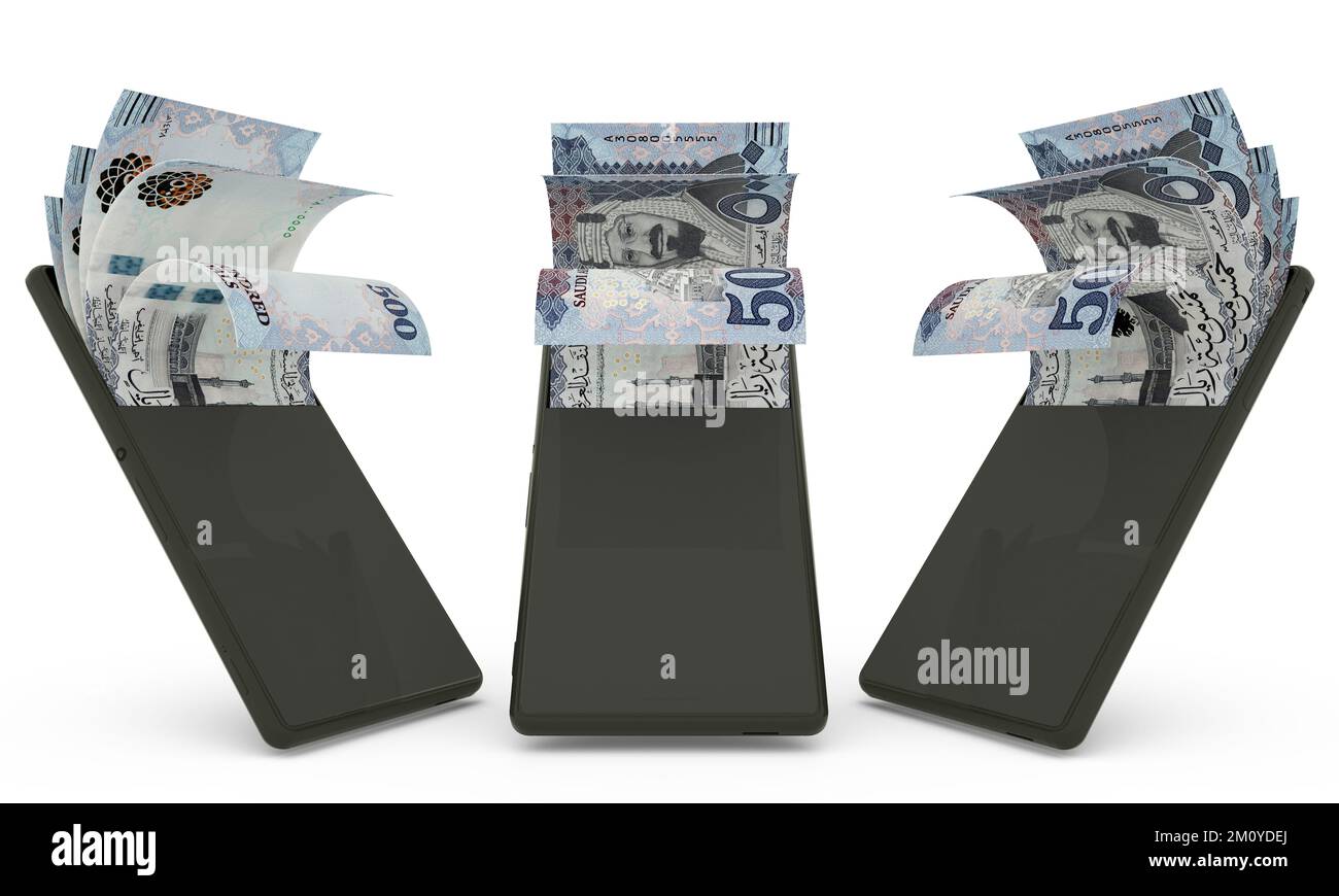 Saudi riyal notes inside a mobile phone. money coming out of mobile ...