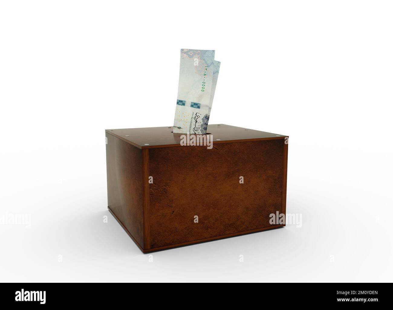 Saudi riyal notes inside wooden savings box. Generic savings Bank ...