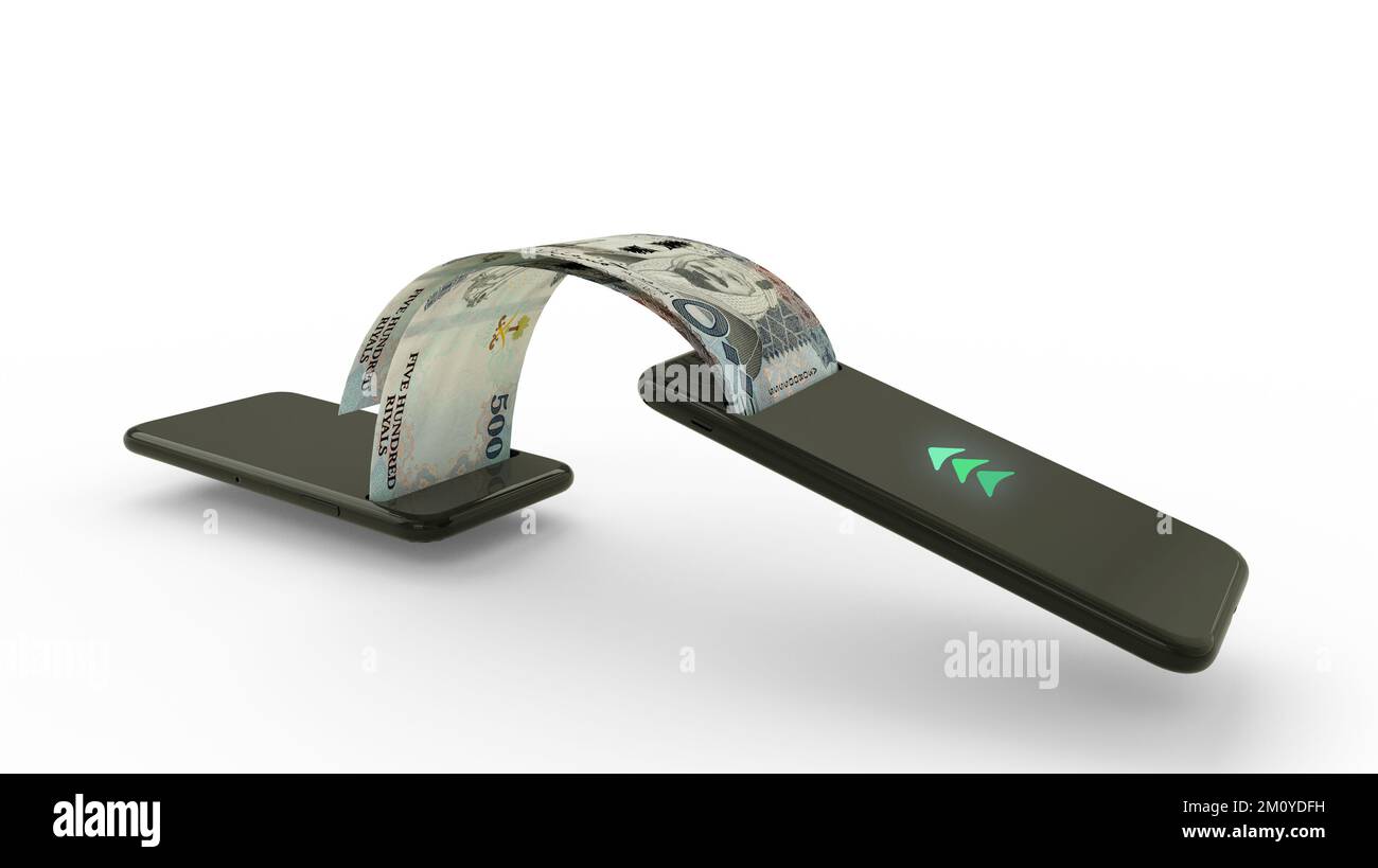 3D rendering of Saudi riyal notes transferring from one phone to ...