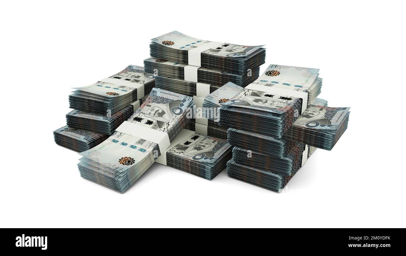 Stack of Saudi riyal notes. 3D rendering of bundles of banknotes Stock ...