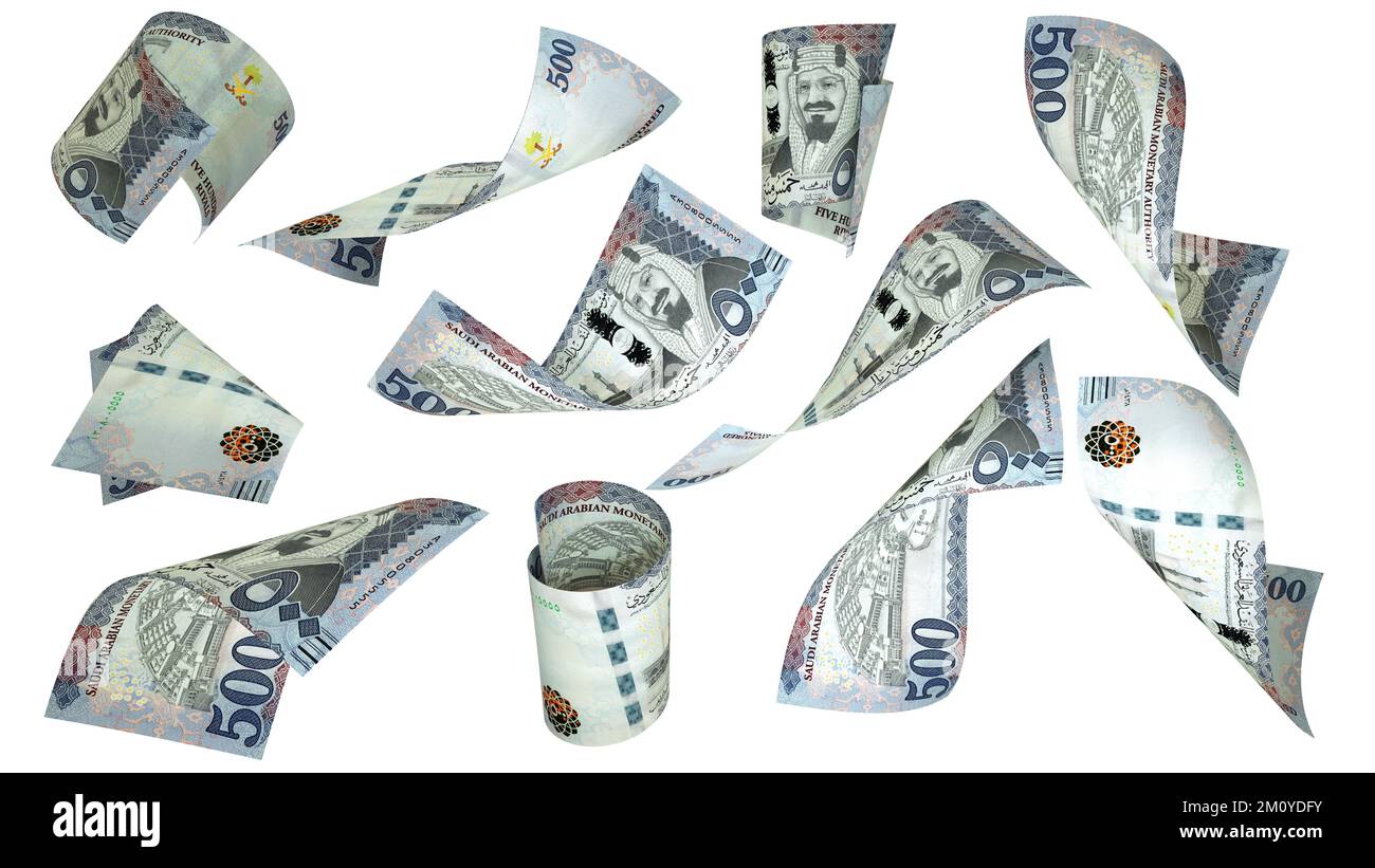 3d Rendering Of Saudi Riyal Notes Flying In Different Angles And Orientations Isolated On White