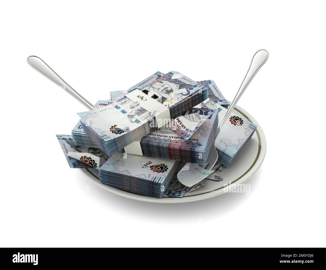 3D rendering of Saudi riyal notes on plate. Money spent on food concept ...