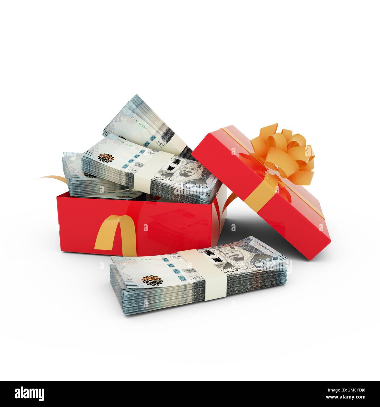 Stack of Saudi riyal notes inside an open red gift box. Bundles of ...