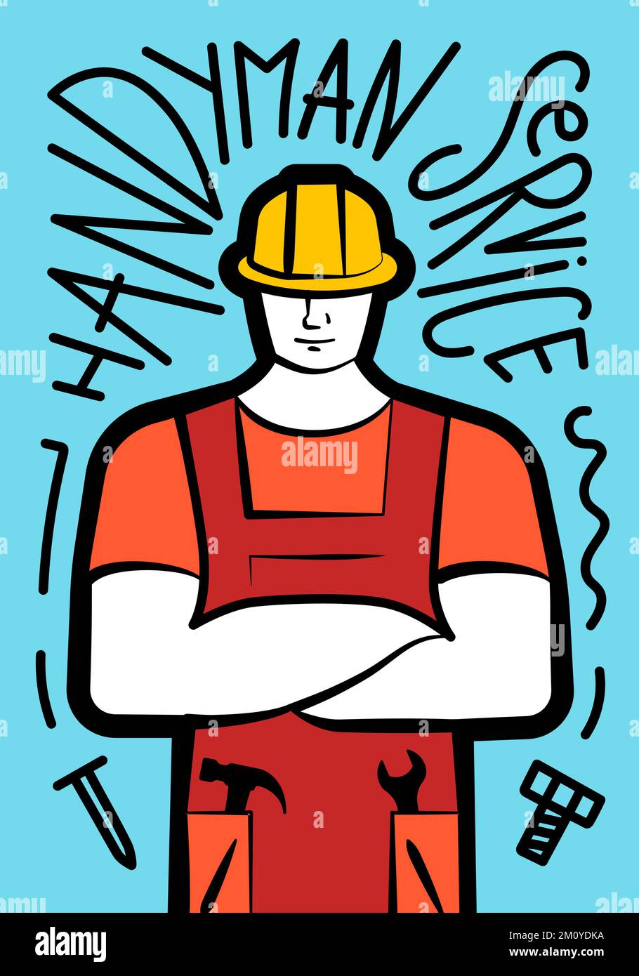 Handyman repair service poster. Worker on helmet. Hand drawn placard ...