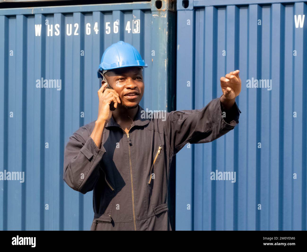 Foreman engineer black skin african person people blue hardhat helmet ...