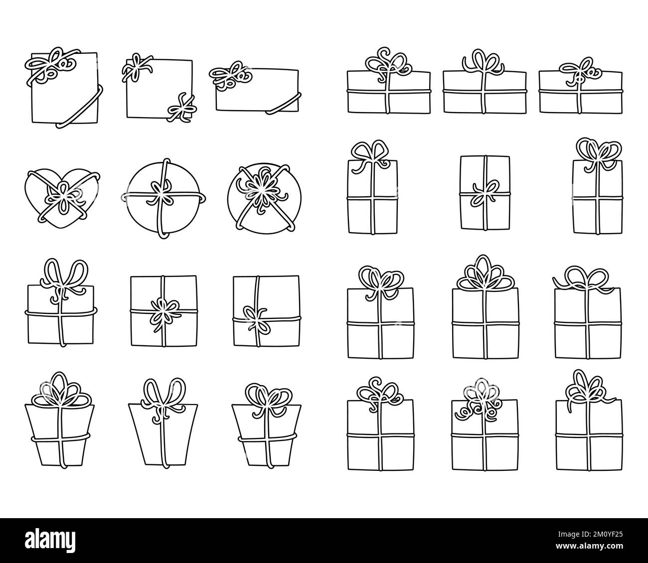 Pack of hand drawn vector illustrations of simple closed wrapped gift ...