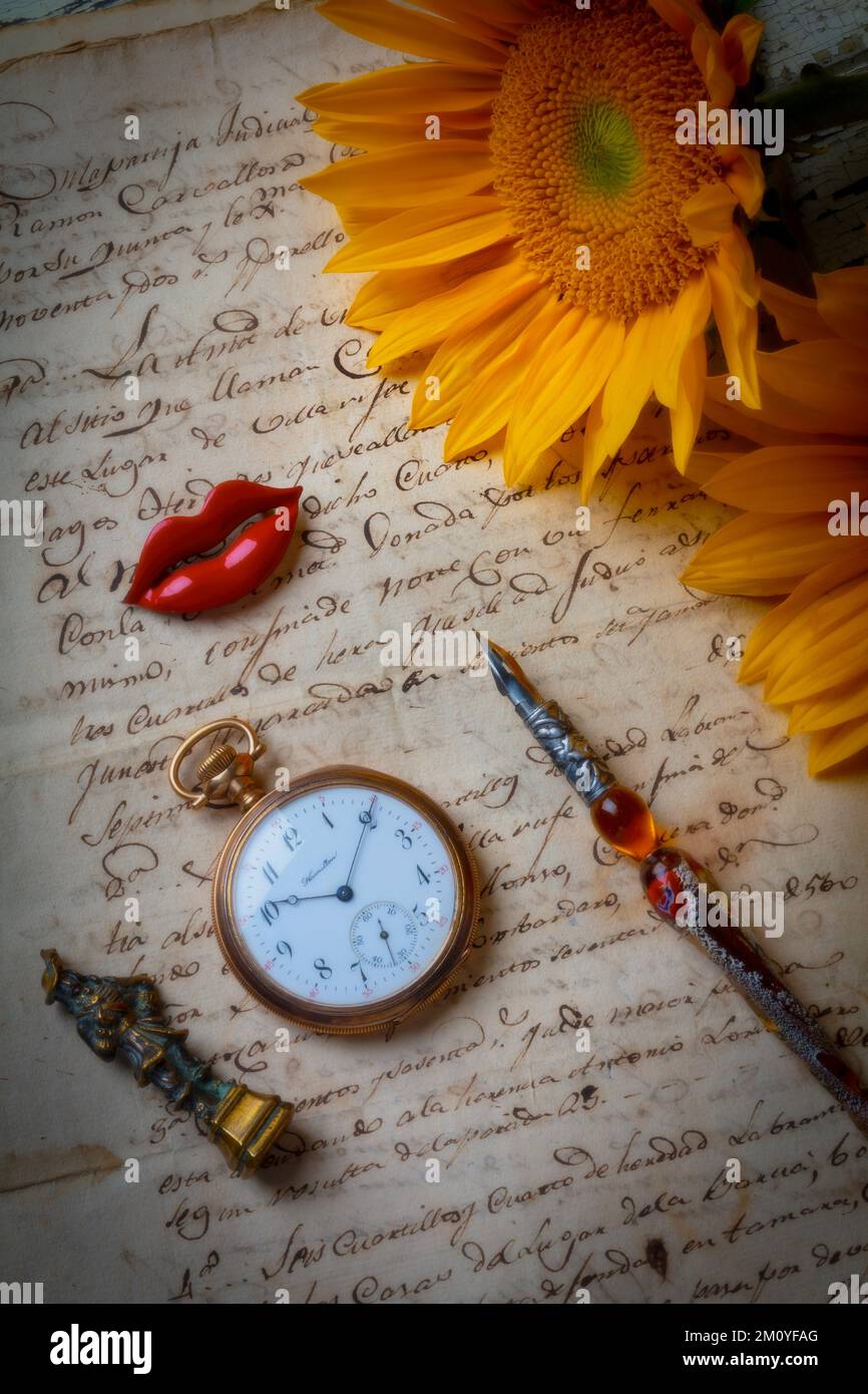 Sunflowers On Old Letter Still Life Stock Photo - Alamy