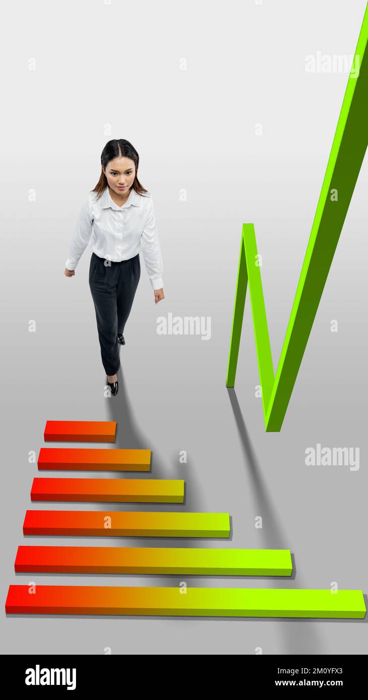 Asian businesswomen walking to increasing graph with colored background ...