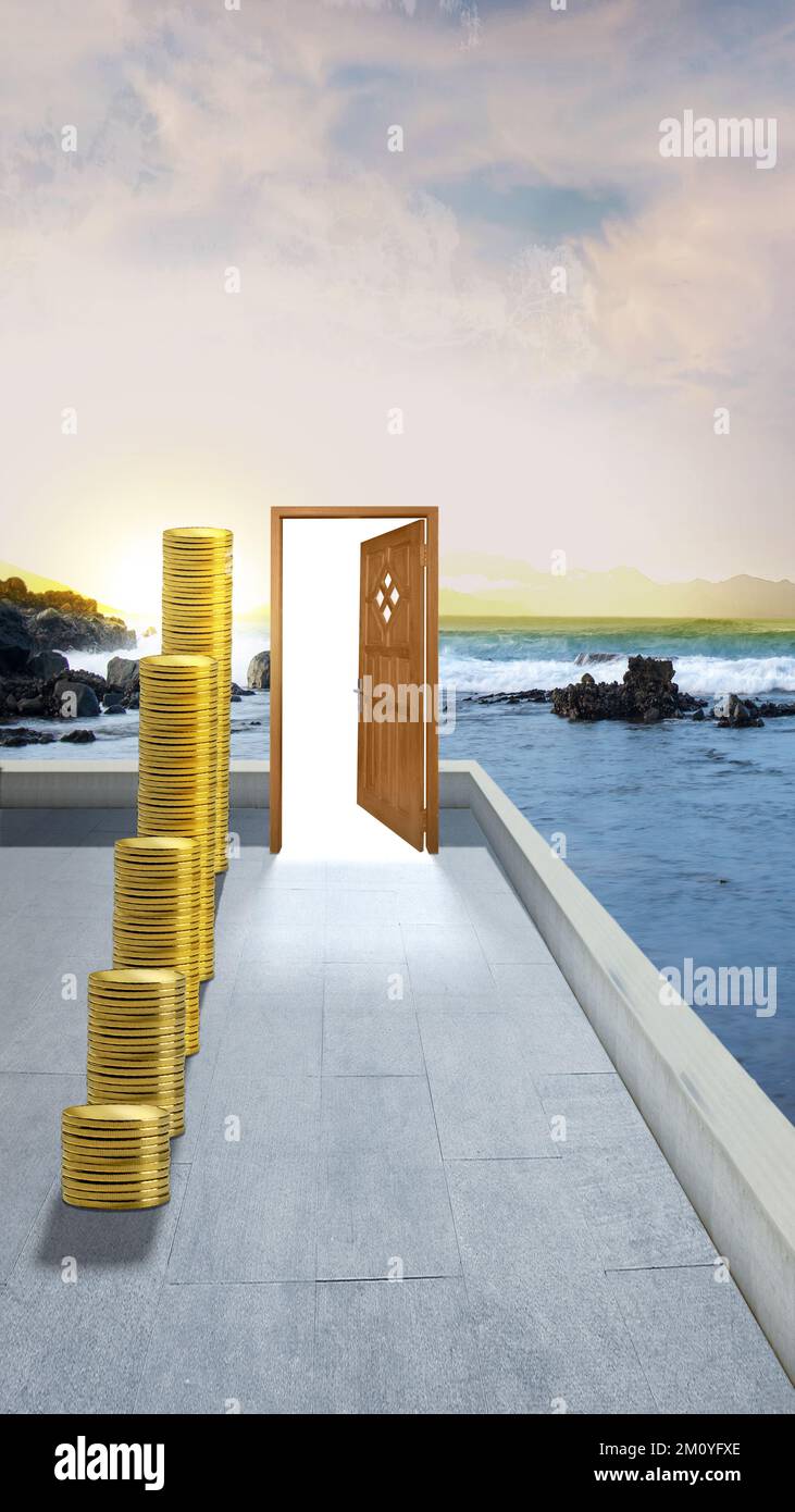 Stack of gold coins and opened door with blue sky background Stock ...