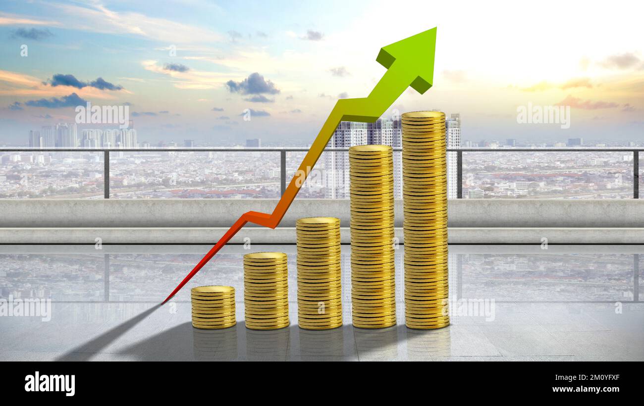 Increased coin graph arrow with cityscape background Stock Photo - Alamy