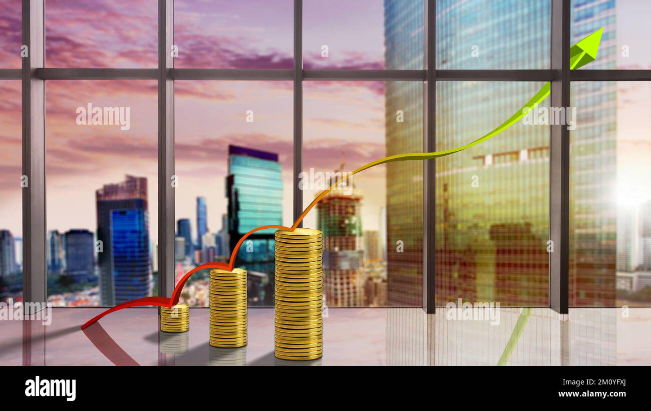Increased coin graph arrow with cityscape background Stock Photo - Alamy