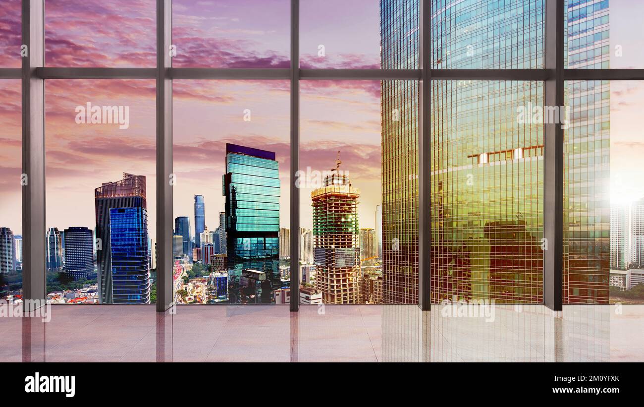 Office building with window glass and view of modern cityscapes ...