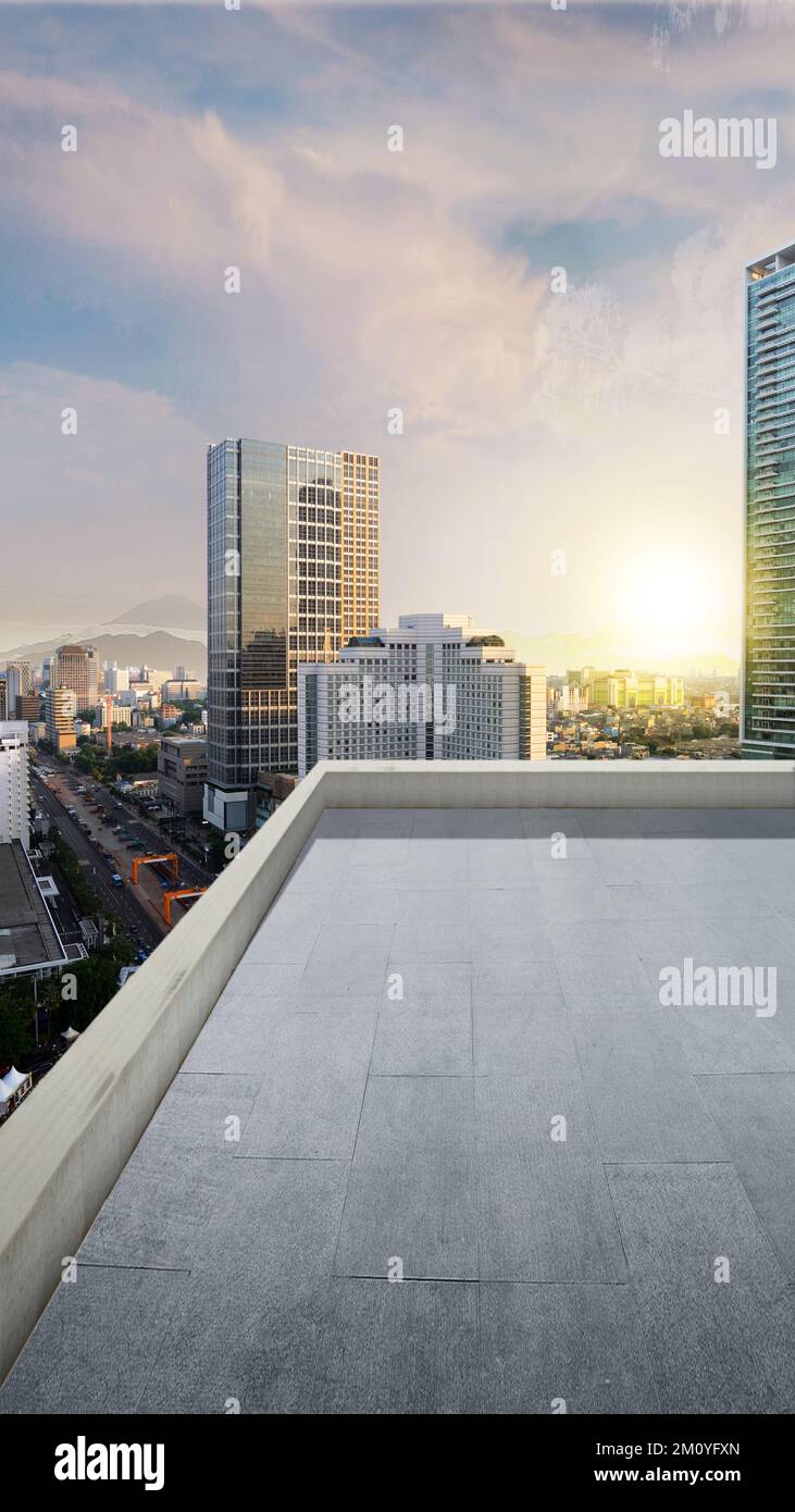 Terrace view with modern cityscapes and blue sky background Stock Photo ...