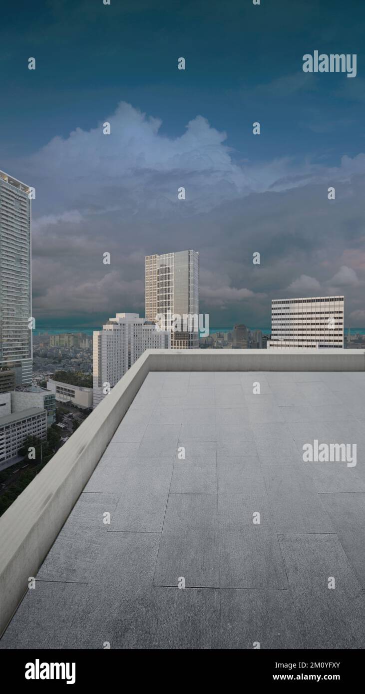 Terrace view with modern cityscapes and dark cloud background Stock ...