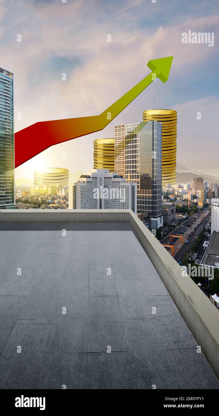 Increased coin graph arrow with cityscape background Stock Photo - Alamy