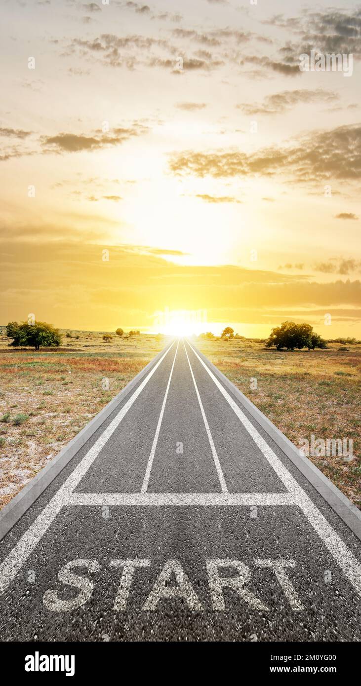 Start line on the street with a sunset sky background Stock Photo - Alamy