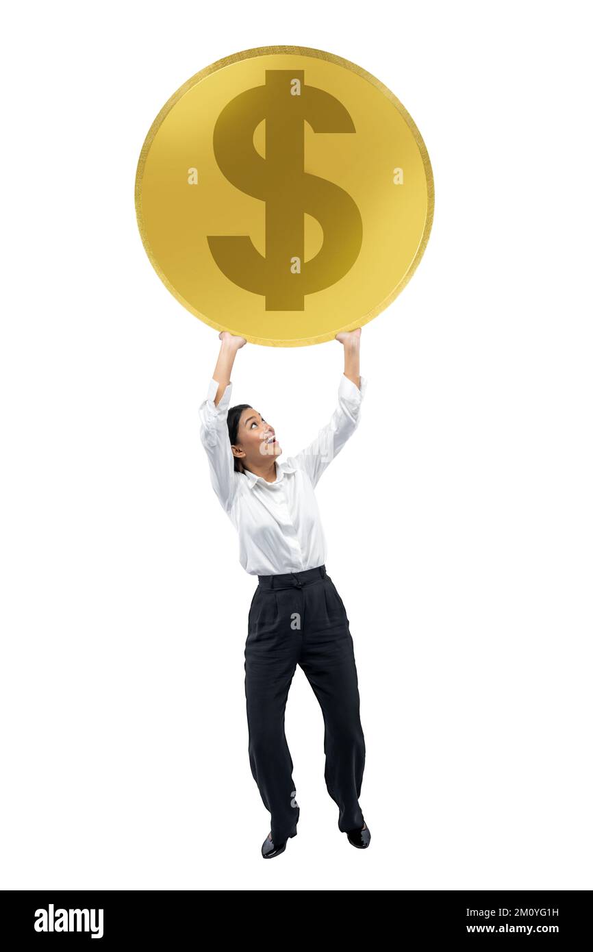 Asian businesswoman holding a big coin isolated over white background ...