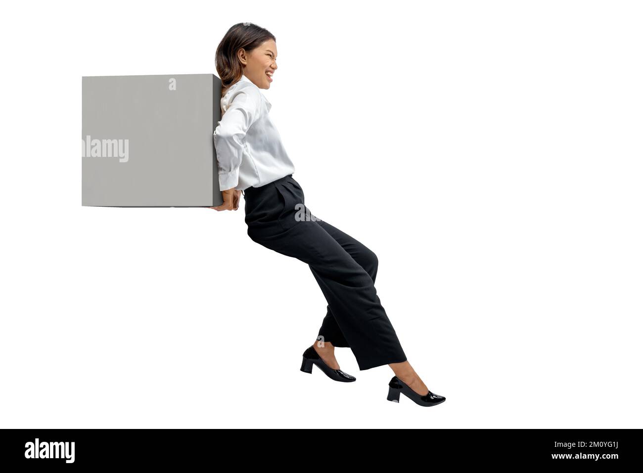 Asian businesswomen hold back something isolated over white background ...