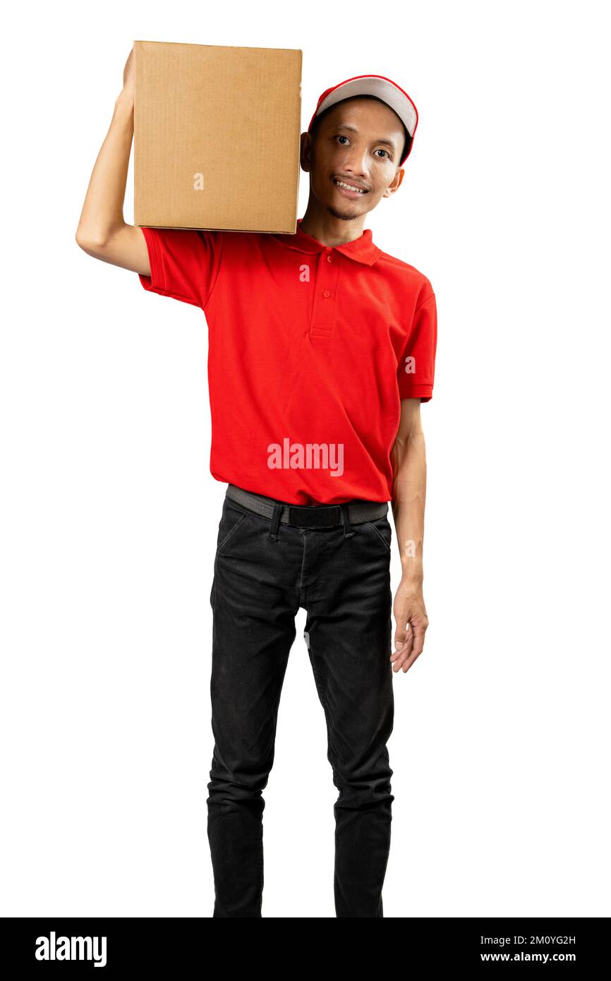Parcel delivery man with a hat carrying a package isolated over white ...