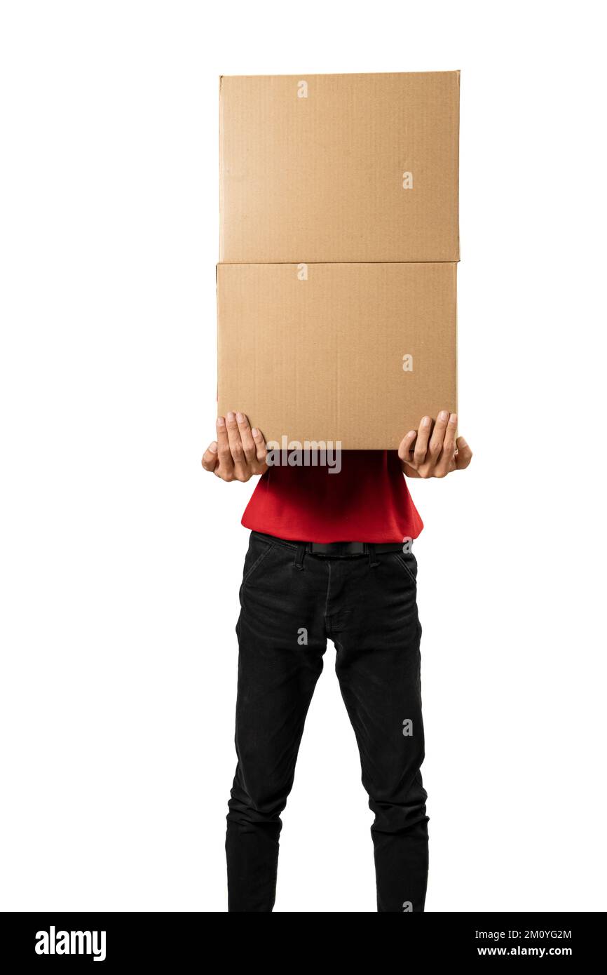 Parcel delivery man with a hat carrying a package isolated over white ...