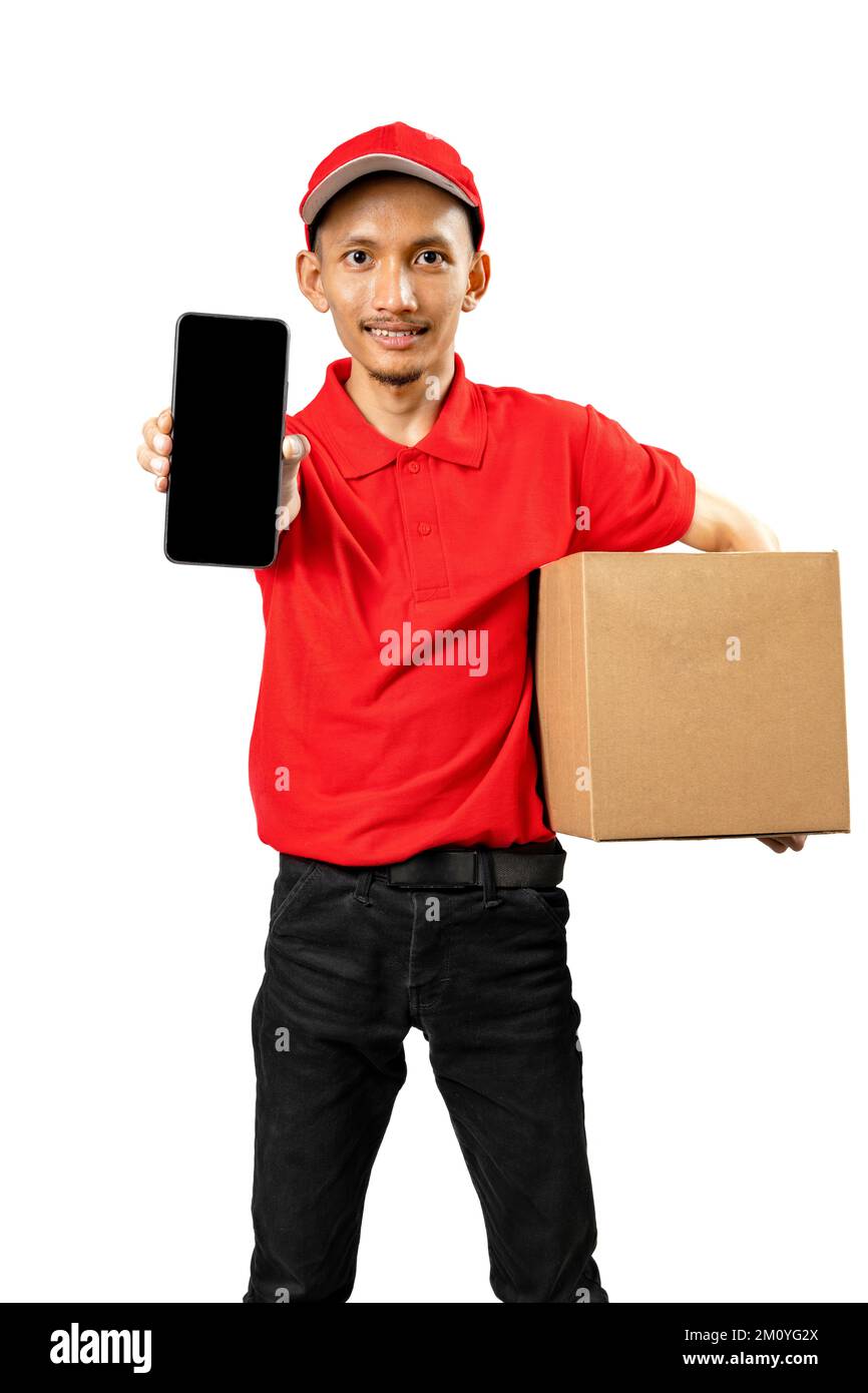 Parcel delivery man with a hat showing his mobile phone screen while ...