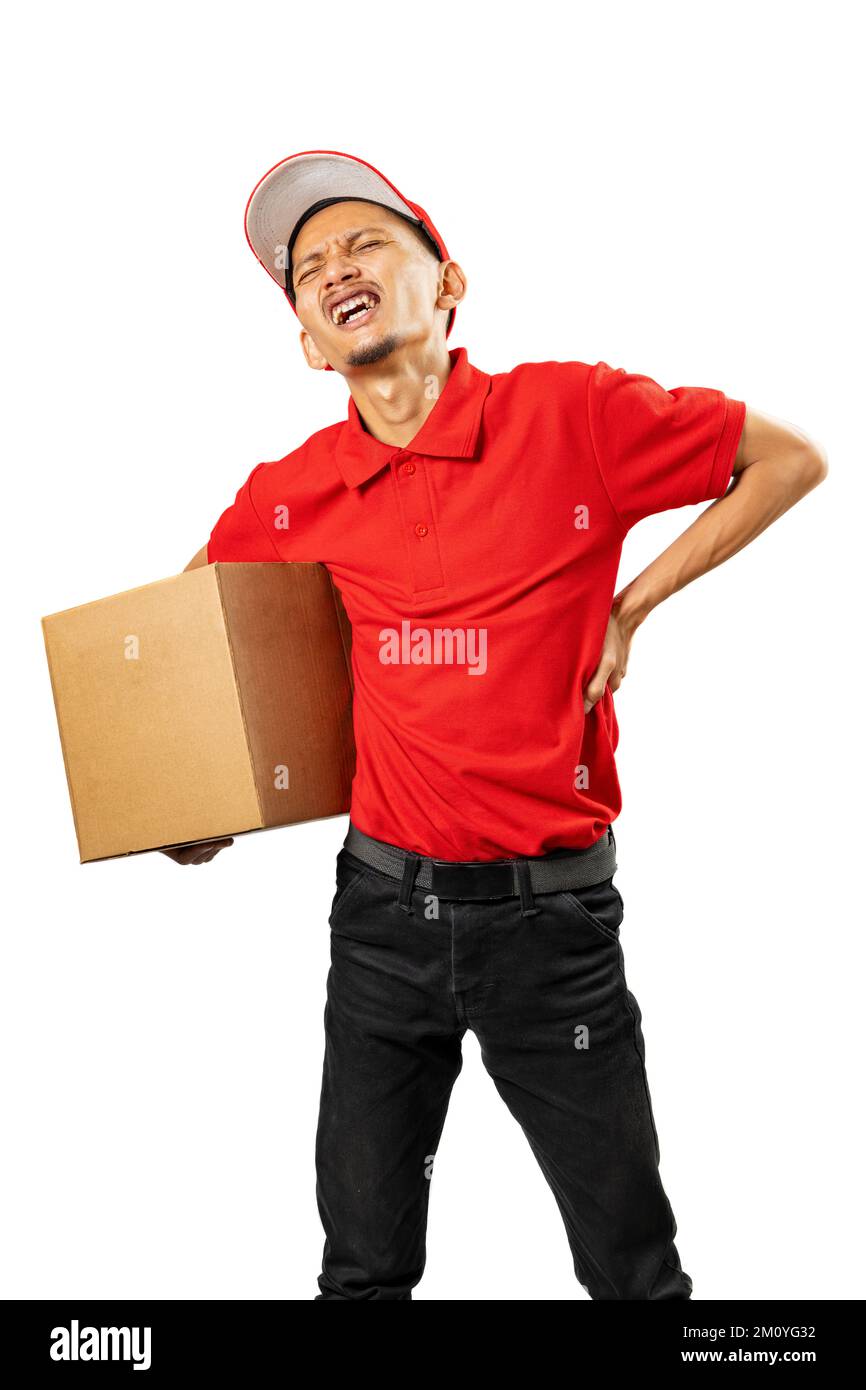 A parcel delivery man with a hat feels back pain while carrying a ...