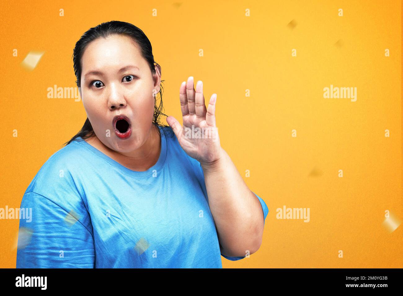 Asian fat overweight woman yelling something with colored background ...