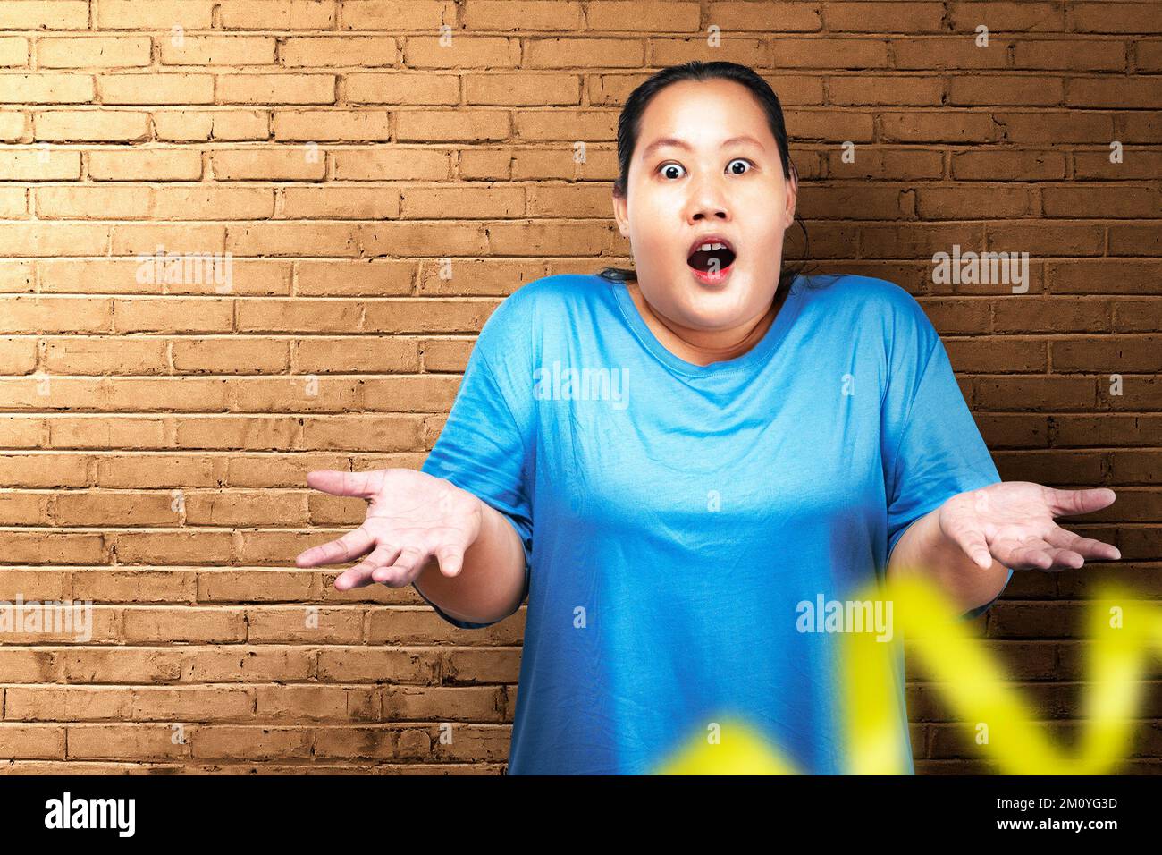 Asian fat overweight woman with a shocked expression and with brick ...