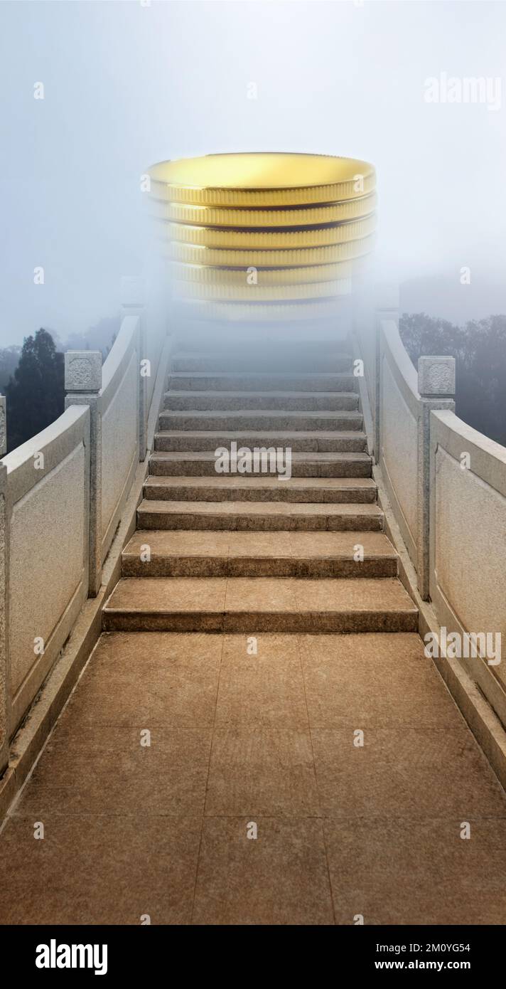 Golden coins on the end of the bridge with a sky background Stock Photo ...