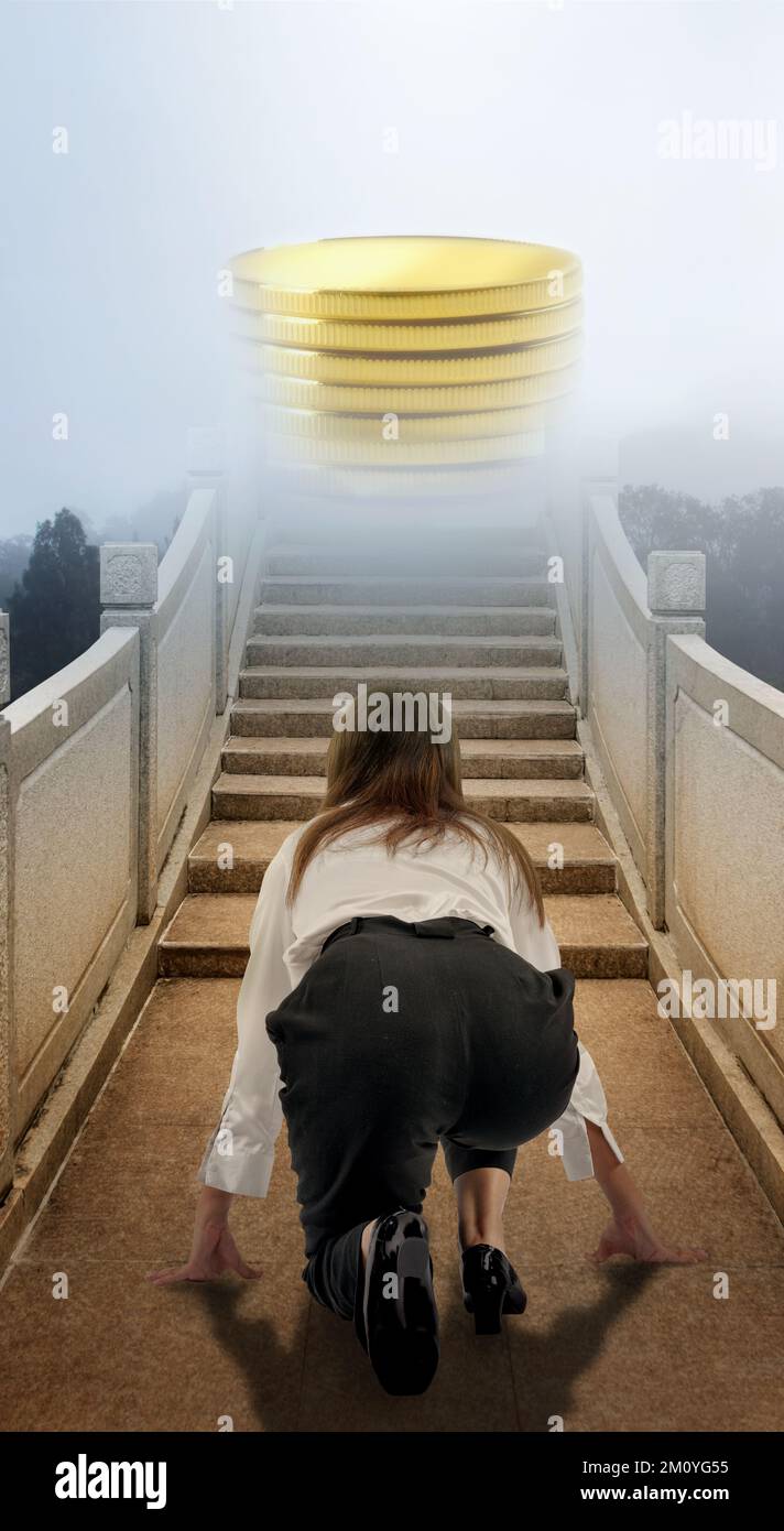 Asian businesswoman in start position ready to run on the bridge with ...