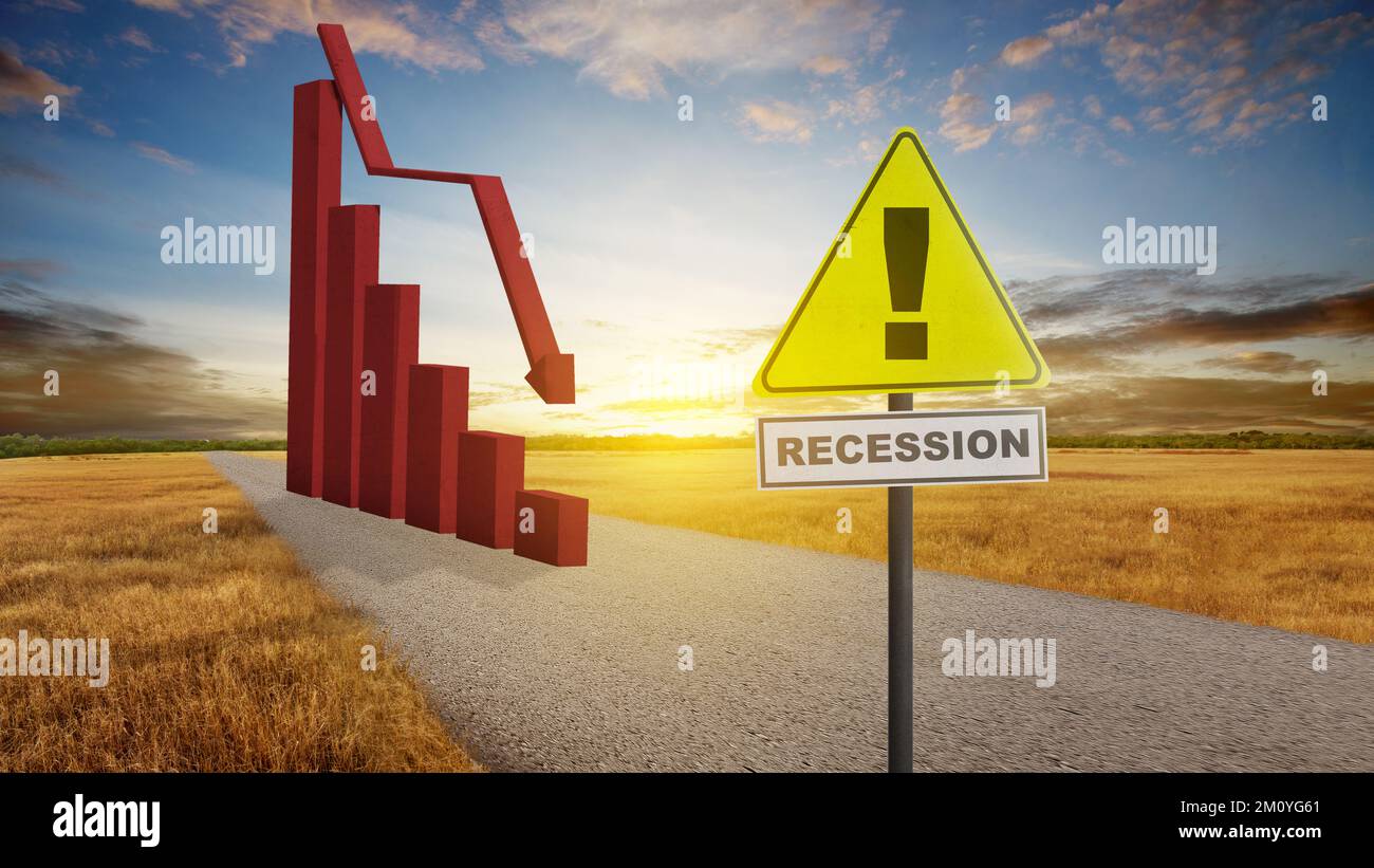 Street with recession sign with sunset sky background Stock Photo - Alamy