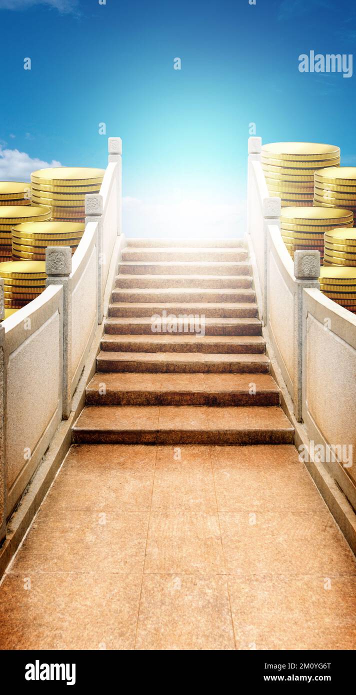 Golden coins on the side of the bridge with a sky background Stock ...