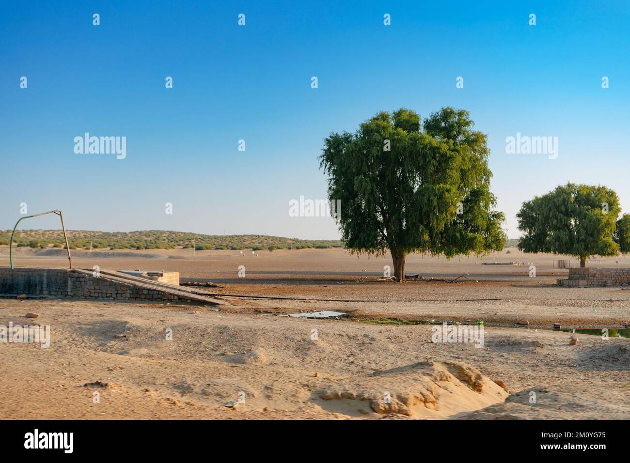 Ranautar, remote desert village inside the desert. Distant horizon, Hot ...